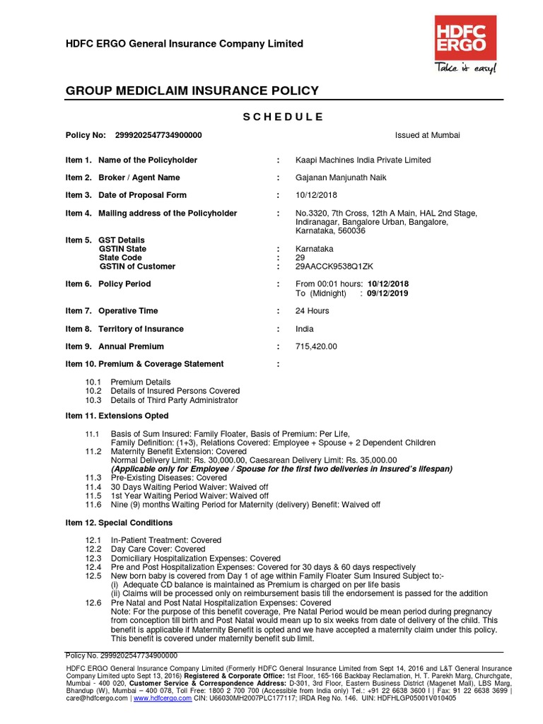 HDFC Ergo Policy Schedule | PDF | Insurance | Childbirth