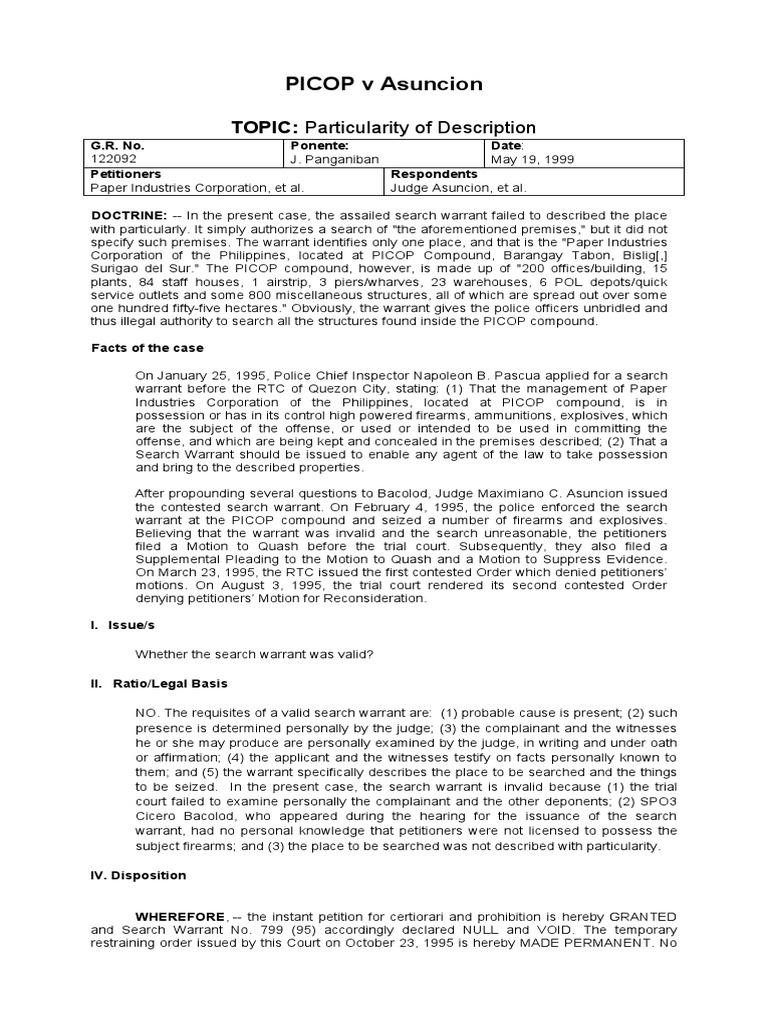 412) PICOP V Asuncion | PDF | Search Warrant | Witness