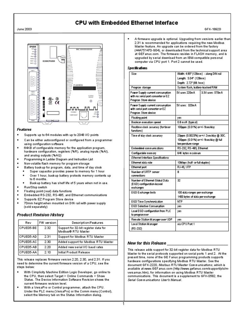 IC200CPUE05 | PDF | Electrical Connector | Input/Output