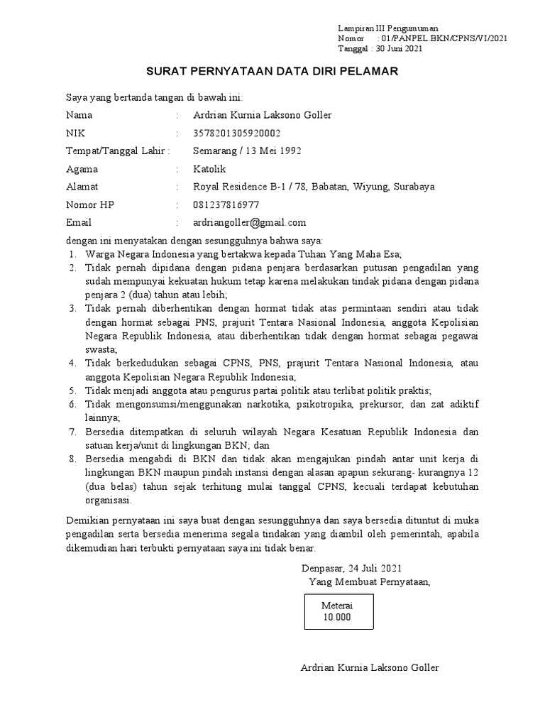 Lampiran III - Format Surat Pernyataan Data Diri Pelamar CPNS BKN T.A ...