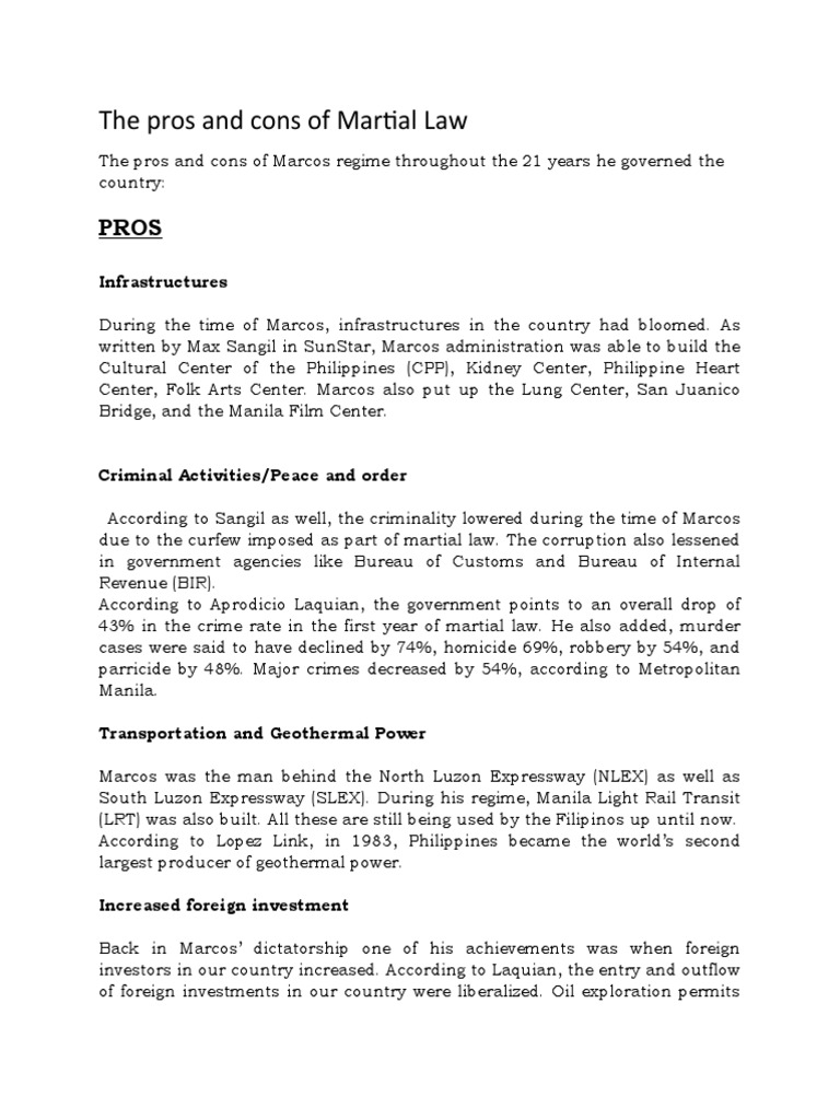 The Pros and Cons of Martial Law (FINAL) | PDF | Philippines | Government