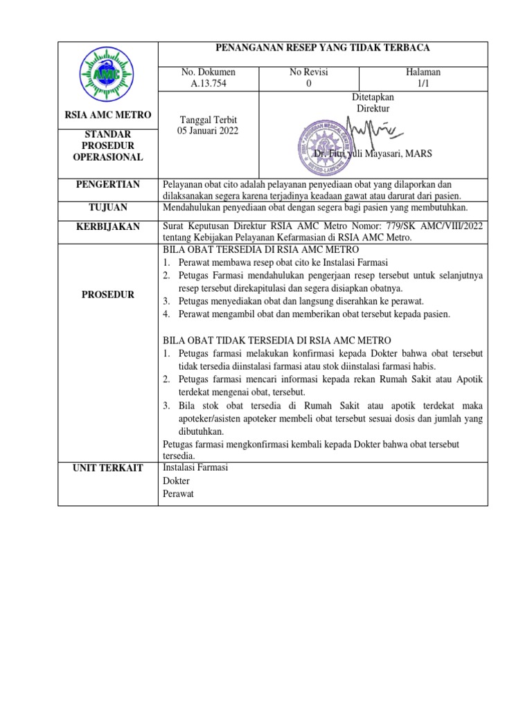 Sop Pelayanan Resep Obat Cito | PDF