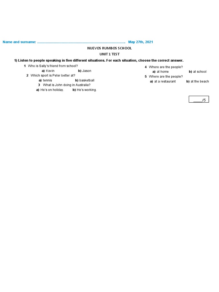 OPT B1 Unit Test 1 Standard | PDF