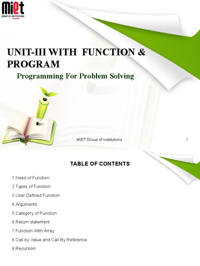 Unit Iii Function With Programs Pdf Parameter Computer Programming Subroutine
