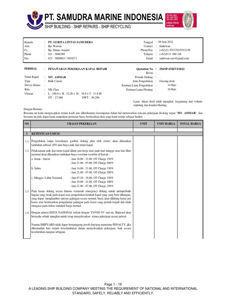 294 Penawaran - MV. AMMAR (09.06.2022) .Xls - No.294.-Signed | PDF