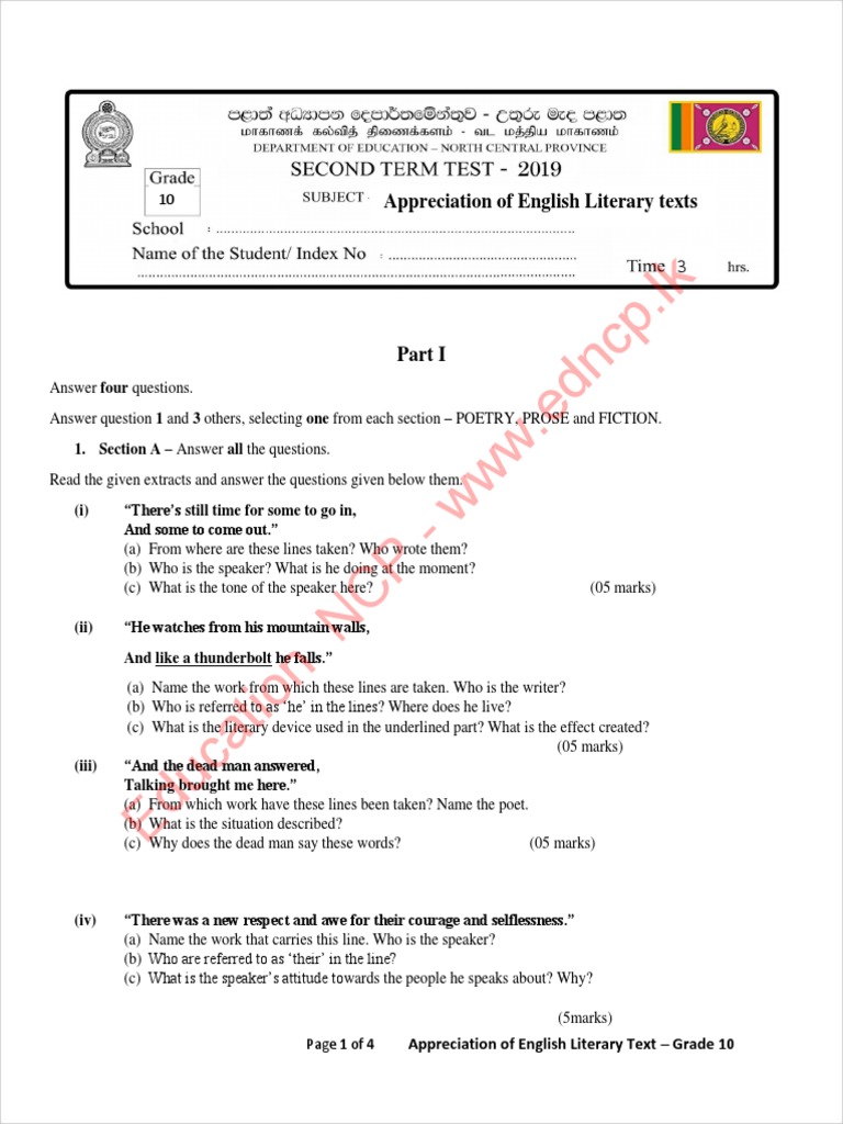 Literature Exam Papers For Grade 10 | PDF