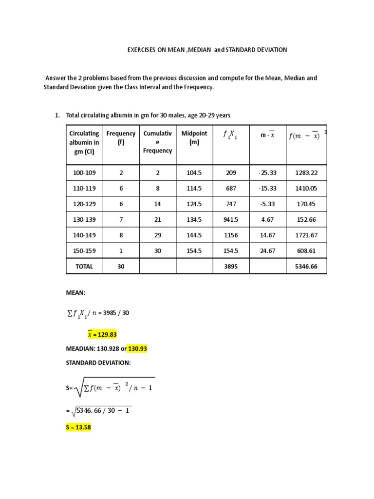 Tolentino - Exercises On Mean, Median and Standard Deviation | PDF