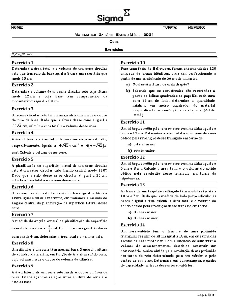 Lista Complementar - Cone | PDF | Ciências e Matemática