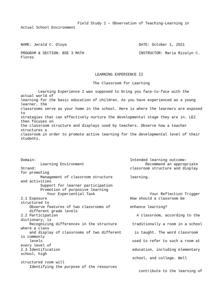 Field Study 1 Learning Experience 2 | PDF