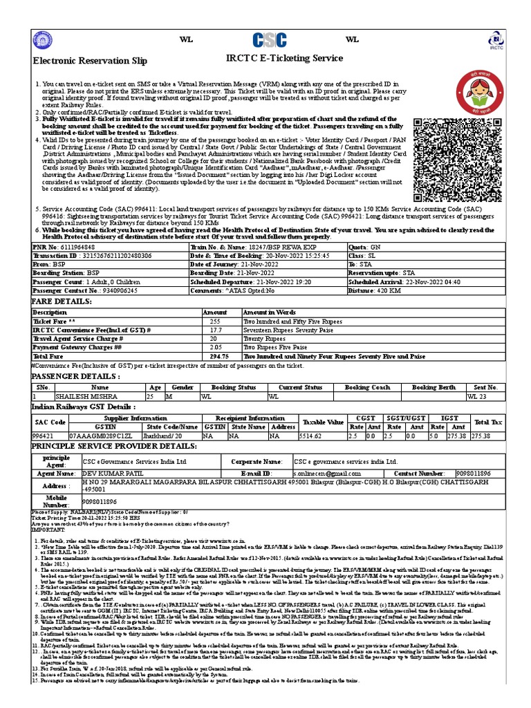 Electronic Reservation Slip IRCTC E-Ticketing Service: WL WL | PDF ...