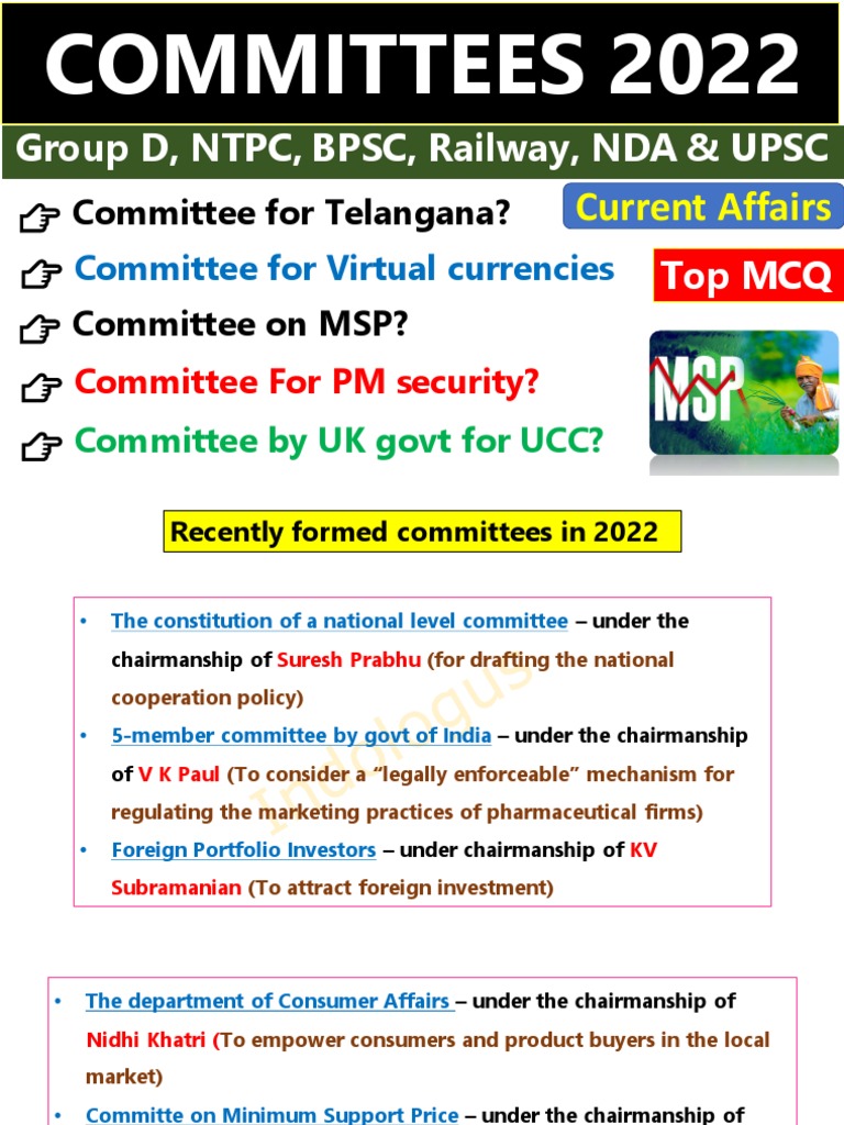 2022 Committees Overview and MCQs | PDF | Government Of India | Government