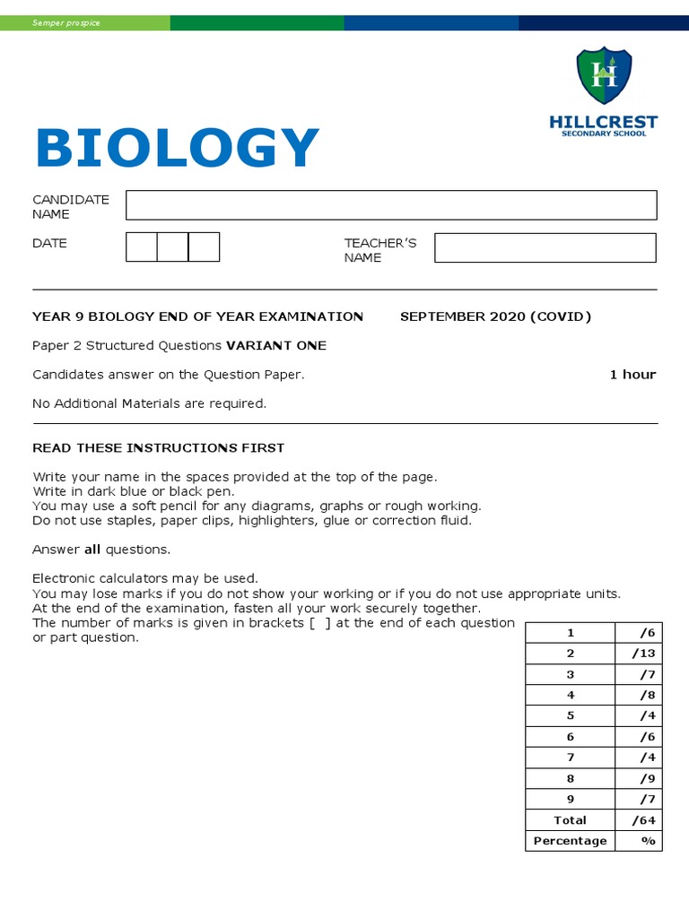 Year 10 Biology Structured Questions End of Year Test 2019 To 2020 ...