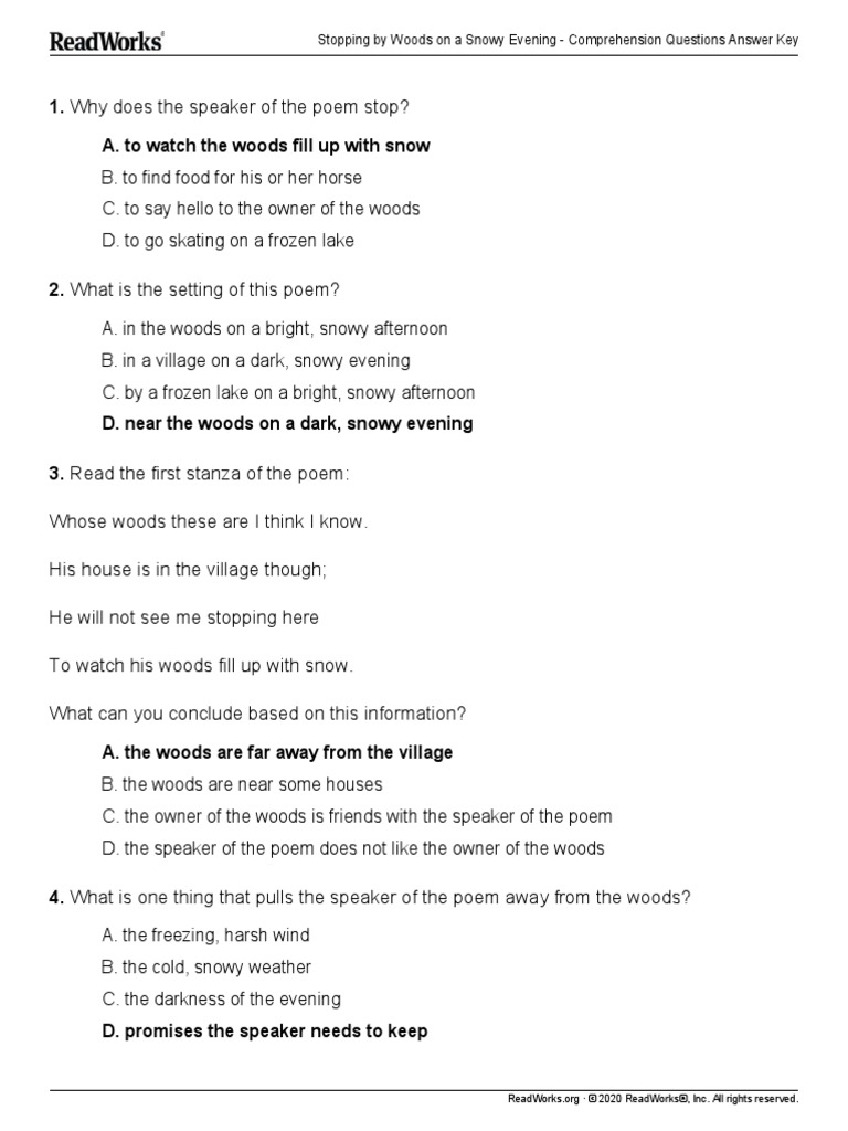Stopping by The Woods On Snowy Evening Answer Key | PDF