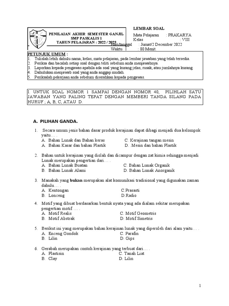 Soal Pas Prakarya Kelas 8 Ganjil 2022-2023 | PDF