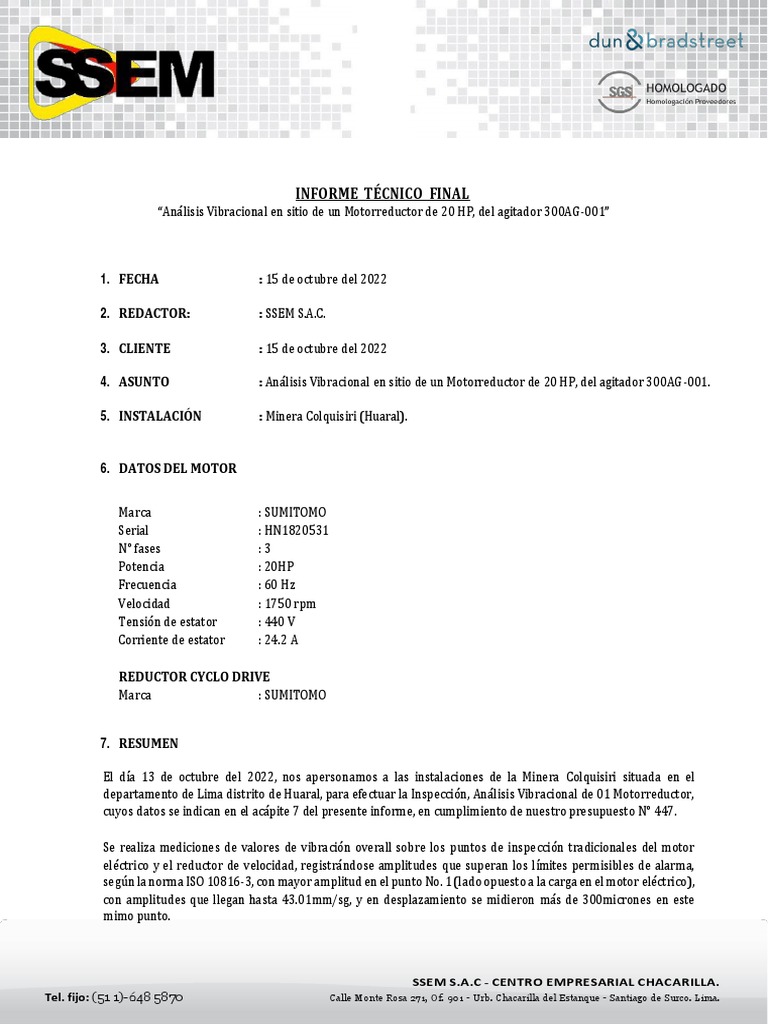 Informe Técnico Análisis Vibracional Motorreductor de 20 HP Colquisiri. | PDF | Bienes ...