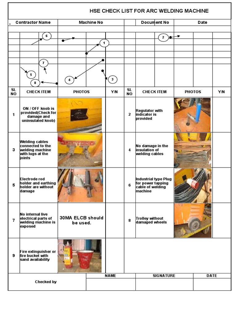 HSE Checklist for Arc Welding Machine | PDF | Construction | Welding