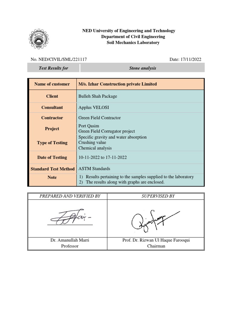 Stone Testing Report Izhar Construction-17!11!2022 | PDF | Soil ...