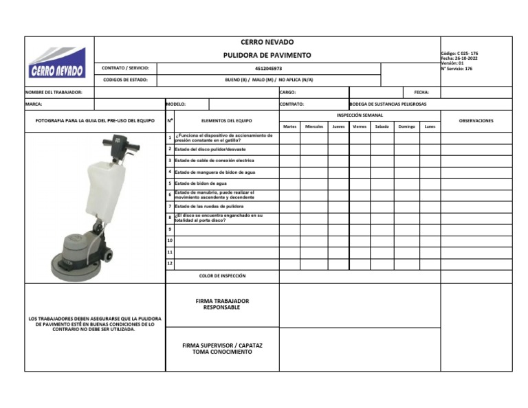 Checklist Pulidora de Pavimento | PDF