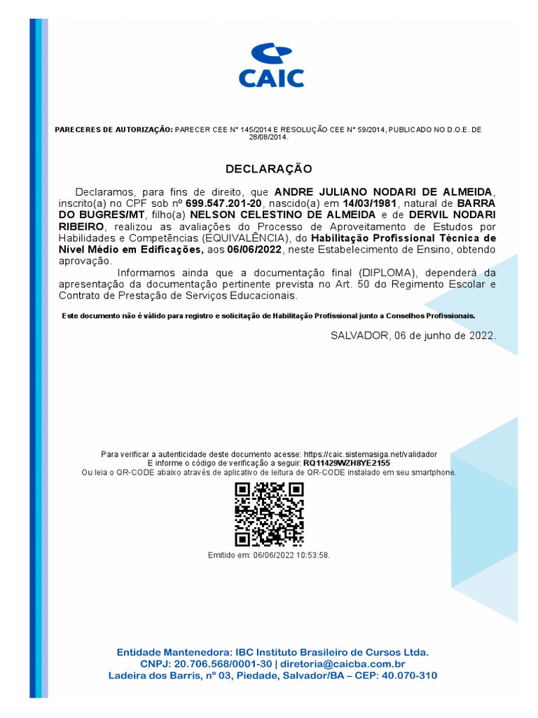 COLÉGIO CAIC - Certificado de Conclusão | PDF