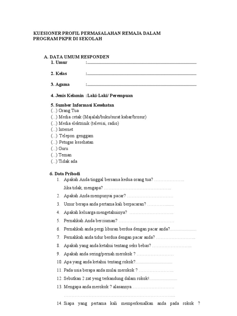 Kuesioner PKPR | PDF | Pengembangan Diri | Gaya Hidup