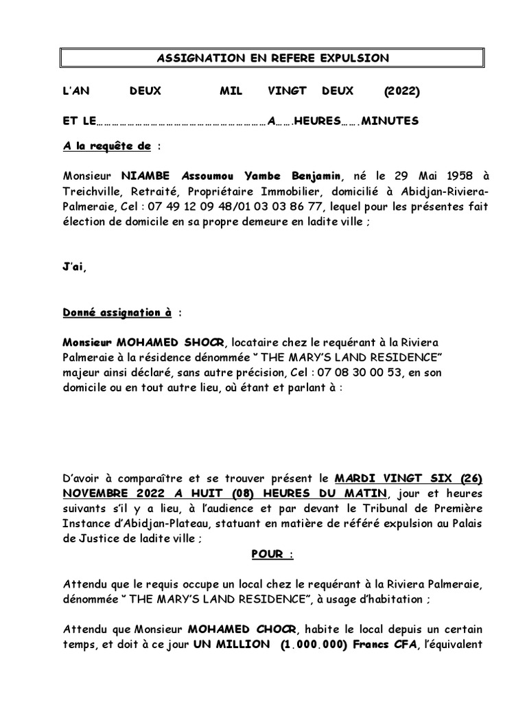 Assignation en Refere Expulsion. Chocr | PDF