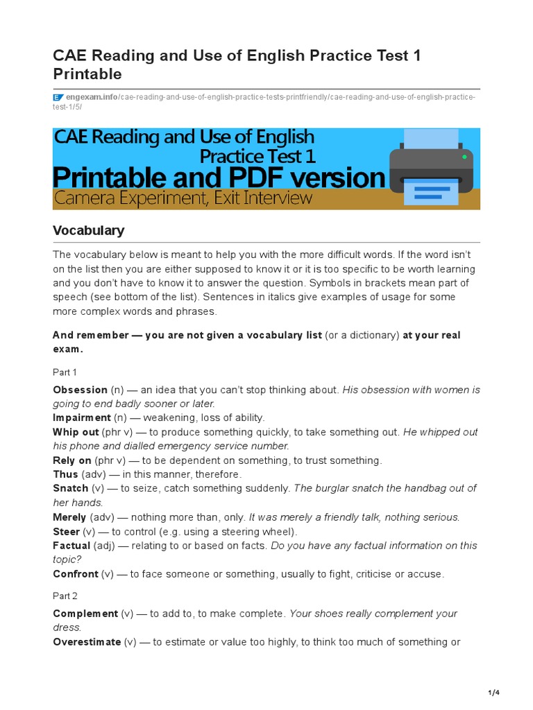Engexam - info-CAE Reading and Use of English Practice Test 1 Printable ...