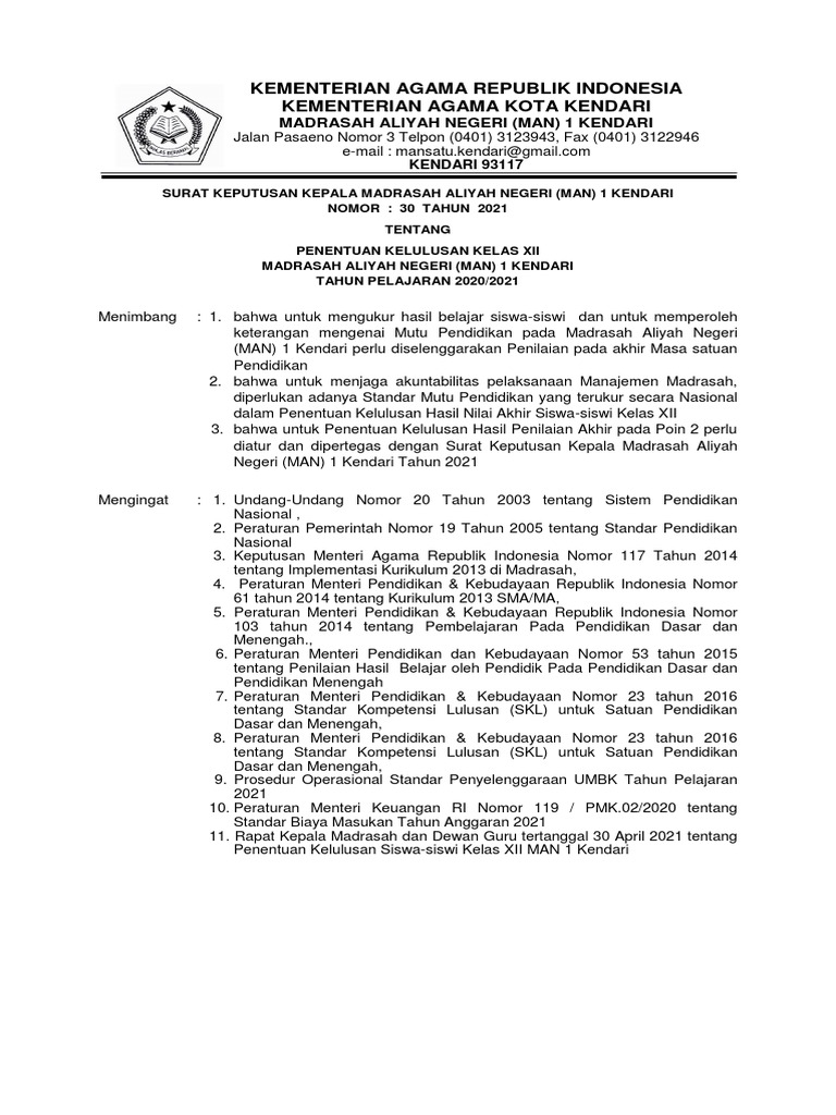 SK - Pelulusan Siswa Man 1 Kendari TP 2021 | PDF