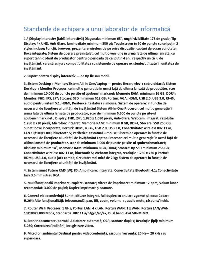 Standarde de Echipare A Unui Laborator de Informatică | PDF