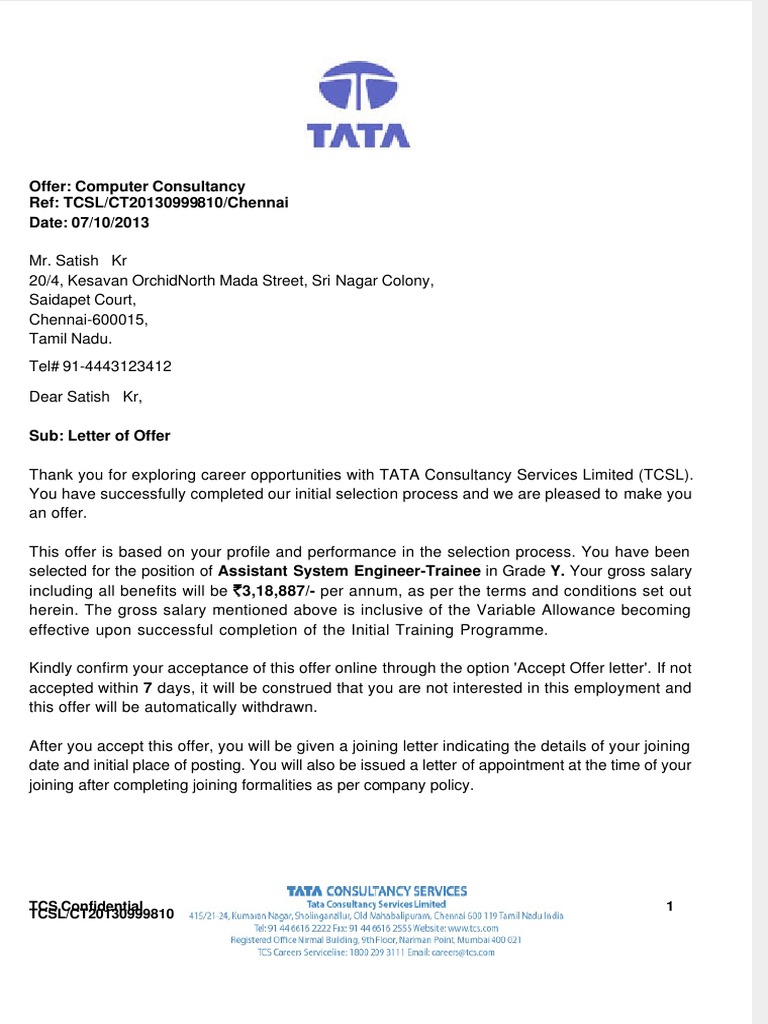 Tcs Offer Letter Sample | PDF