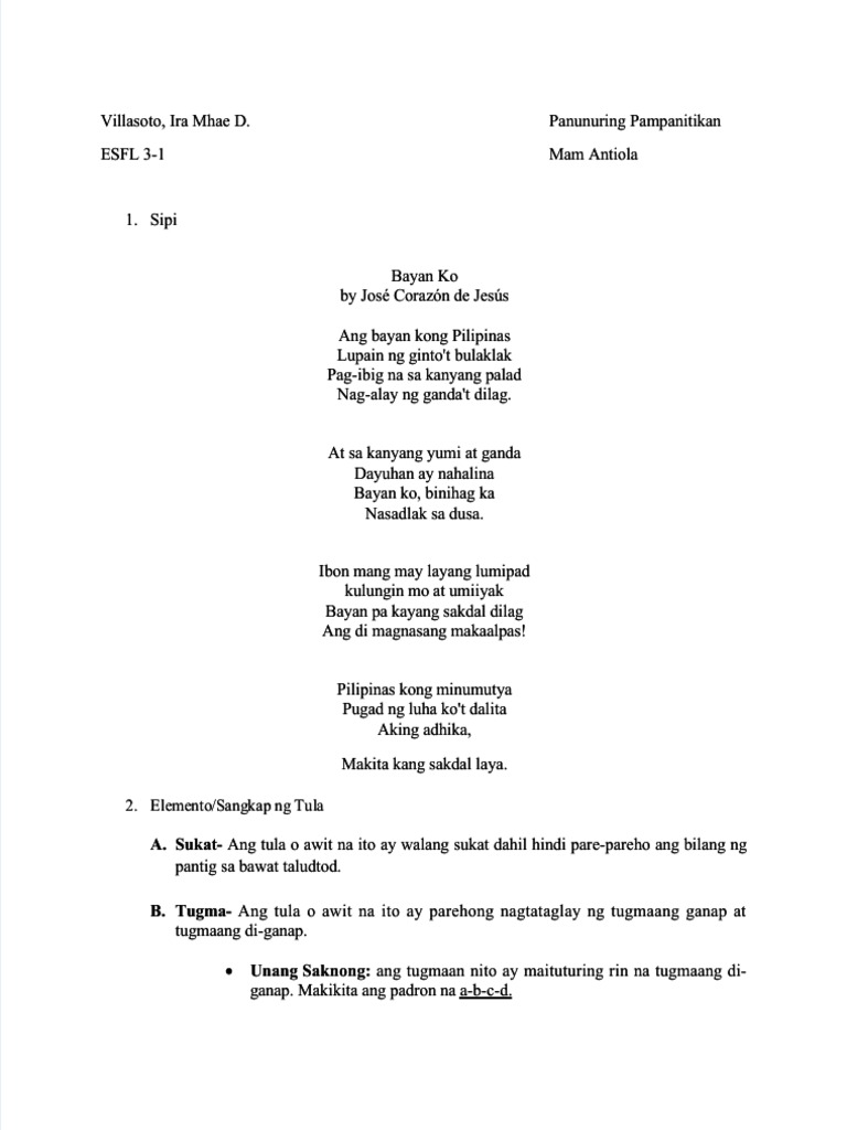 PDF Pagsusuri NG Tula Bayan Ko DD | PDF