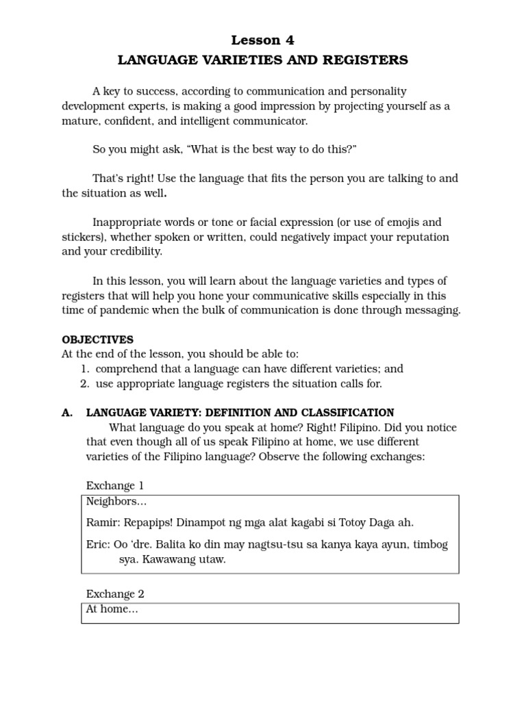 Lesson 4 Language Varieties and Registers | PDF