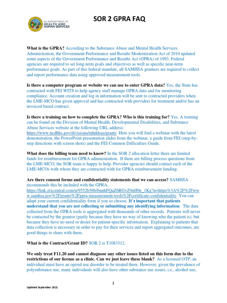 SOR GPRA FAQ update September 2021 | PDF | Mental Health | Substance ...
