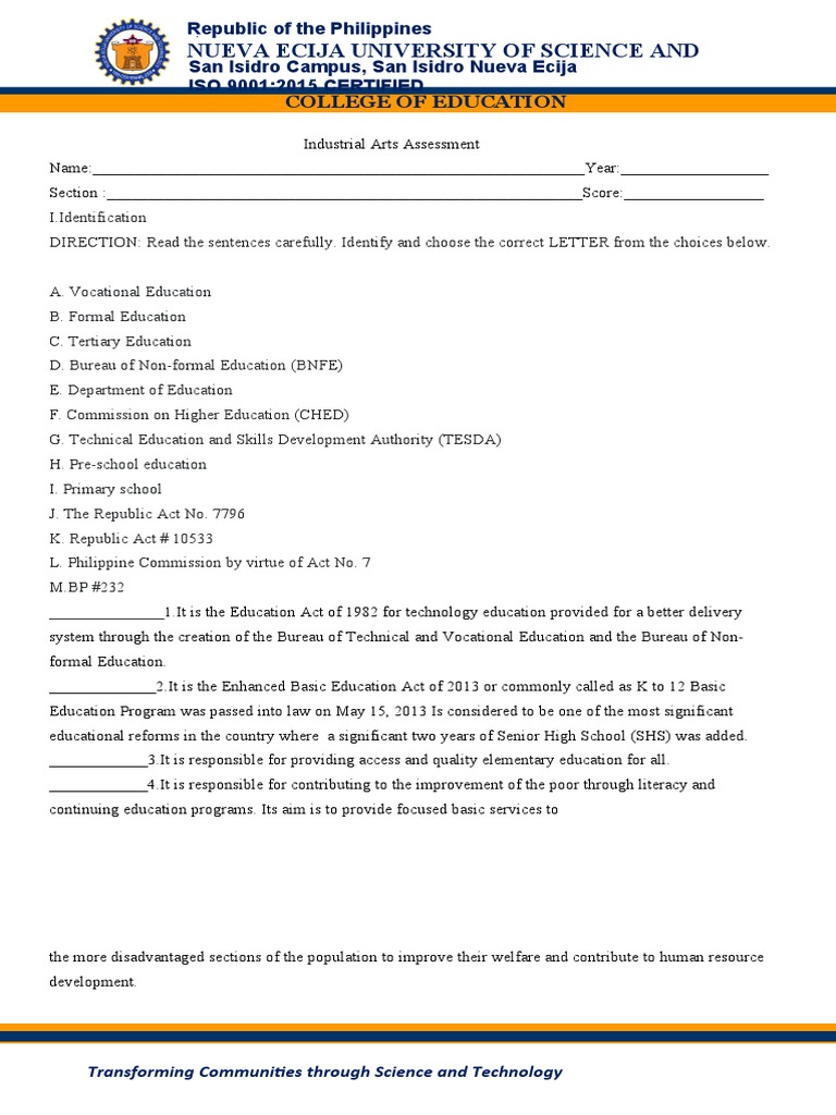 Industrial Arts Sample Assessment | PDF
