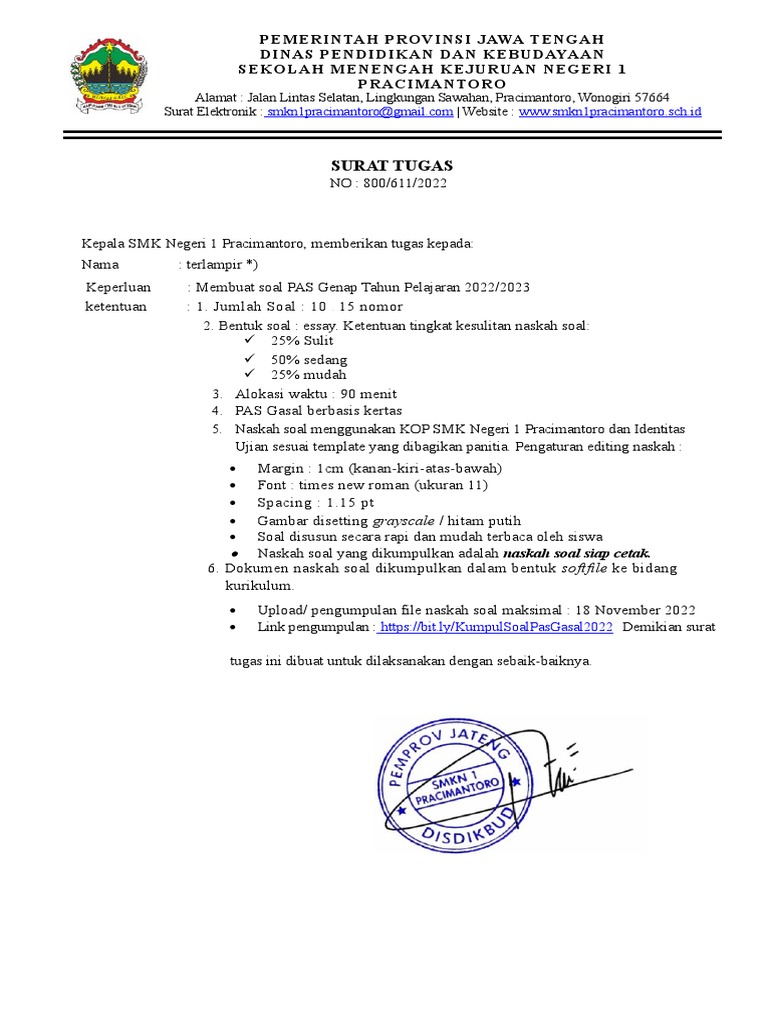 Surat Tugas Pembuatan Soal Pas Gasal 2022.2023 | PDF