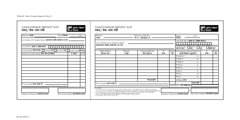 Cash Cheque Deposit Slip V1 | PDF | Cheque | Finance & Money Management