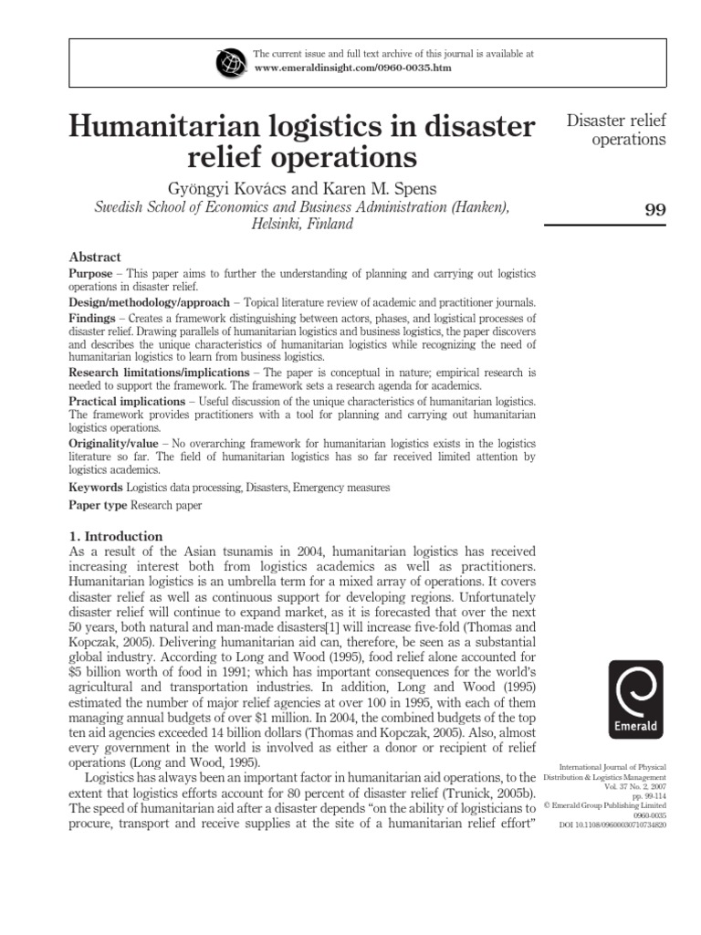 Humanitarian Logistics in Disaster Relief Operations | PDF ...