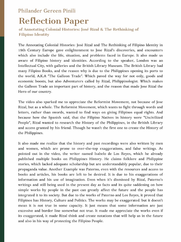 Reflection Paper Annotating Colonial Histories José Rizal and the ...