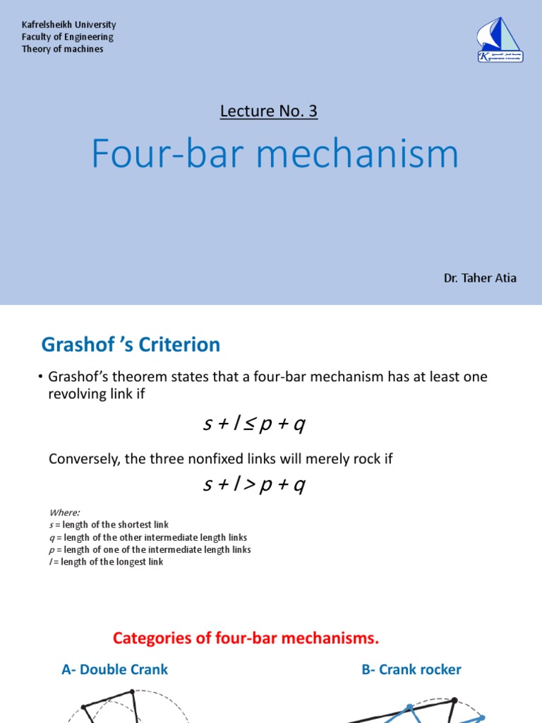 Lecture No.3 Four Bar Mechanism, Grashof | PDF | Computers
