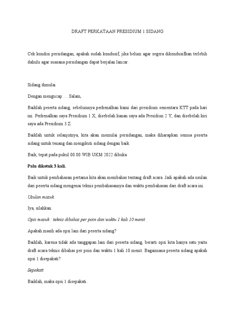 Draft Perkataan Presidium 1 Sidang | PDF