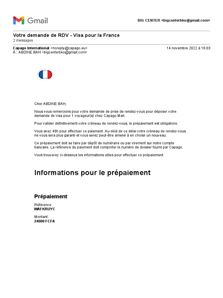 Gmail - Votre Demande de RDV - Visa Pour La France | PDF