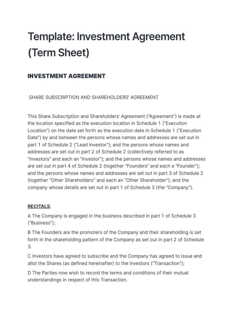 Template - Investment Agreement (Term Sheet) V2 | PDF