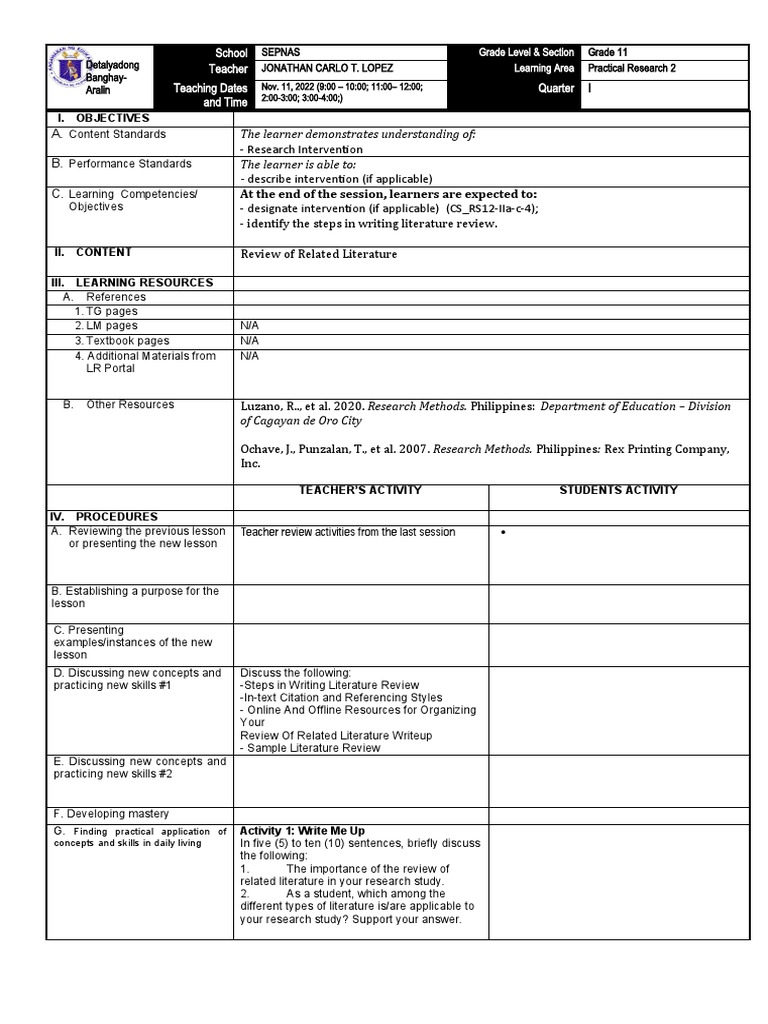 Grade 11 Practical Research Lesson Plan | PDF | Learning | Teachers