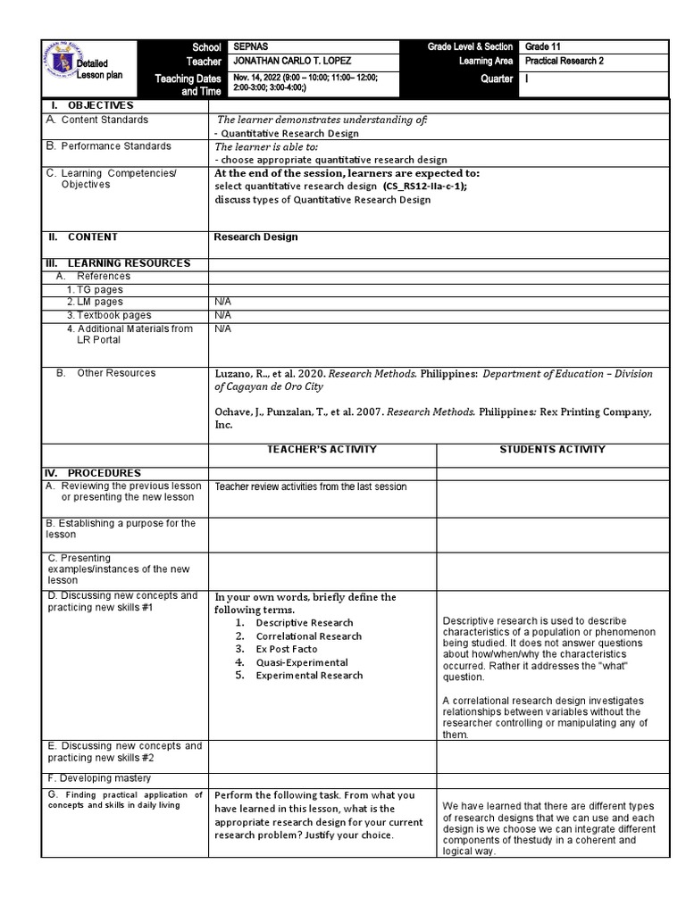 Grade 11 Practical Research Lesson Plan | PDF | Career & Growth