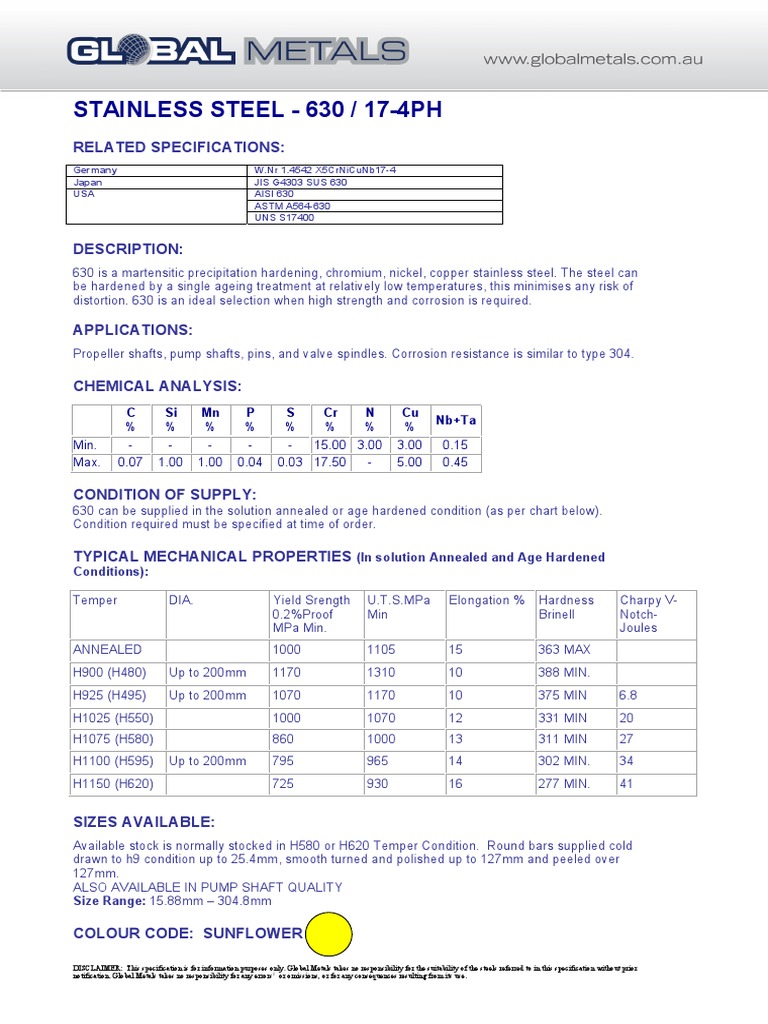 AISI 630 Stainless Steel Overview | PDF