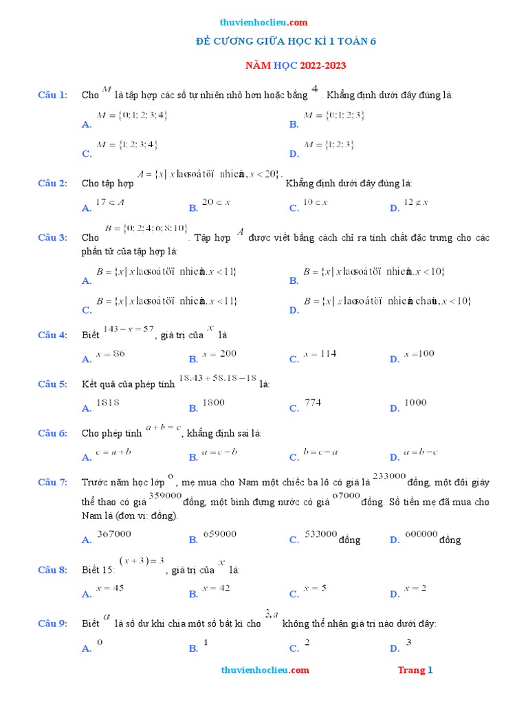 De Cuong On Tap Giua HK1 Toan 6 Nam 2022 2023 | PDF