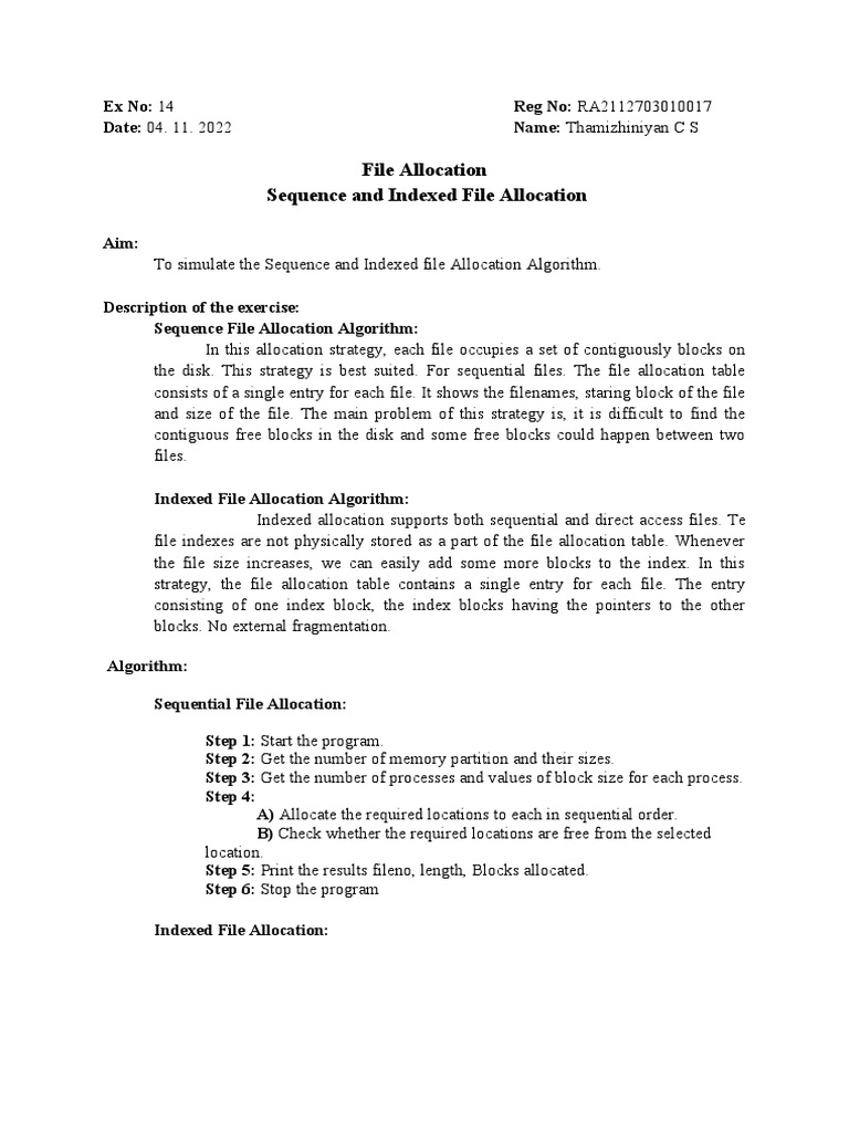 Ex 14 - Sequential and Indexed File Allocation | PDF | Database Index ...