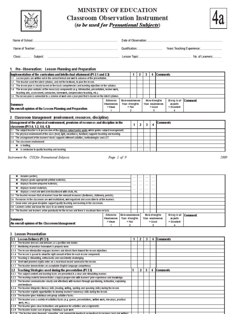 #10-0867-MoE-Classroom Observation 4a New | PDF | Teachers | Teaching ...