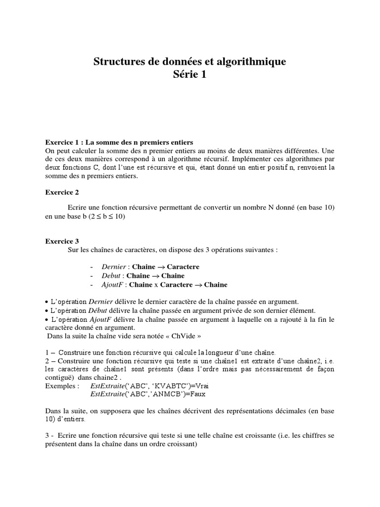 Structures de Données Et Algorithmique Série 1: Exercice 1: La Somme Des N Premiers Entiers | PDF