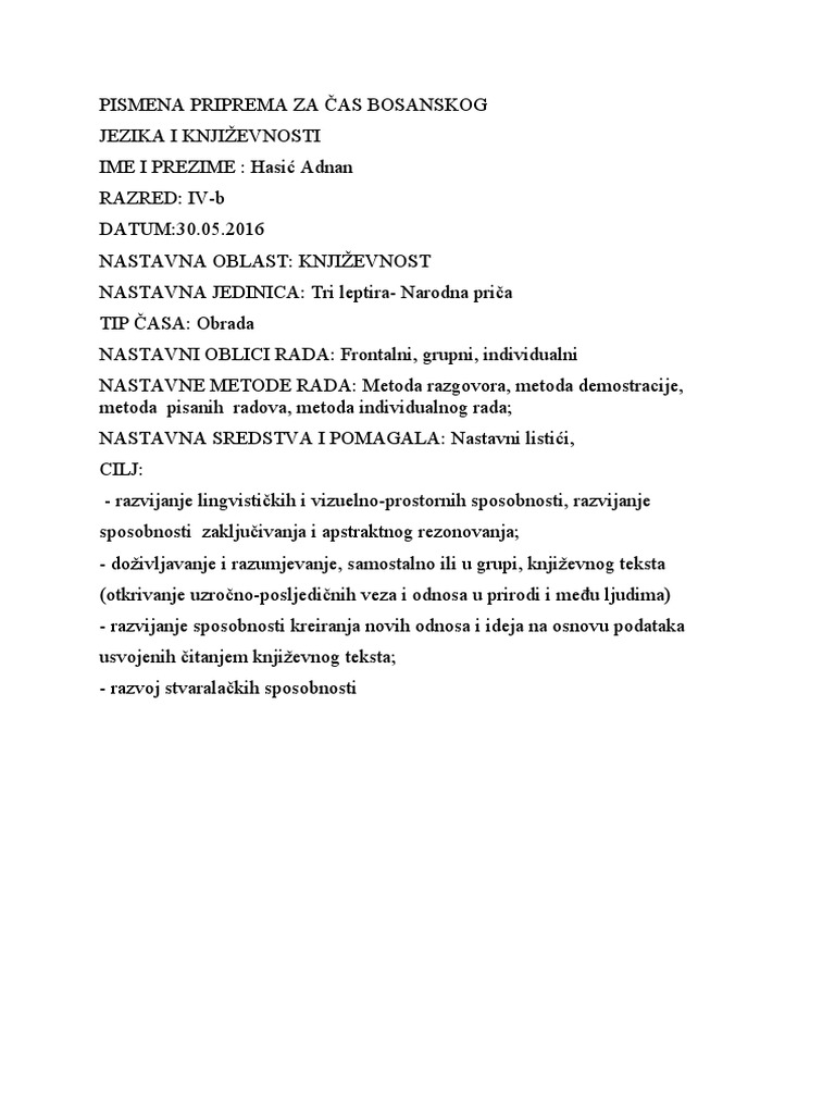 Pismena Priprema Za Čas Bosanskog | PDF