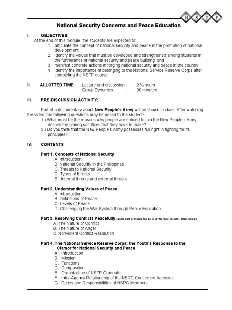 National Security and Peace Education Module | PDF | Peace | Anger